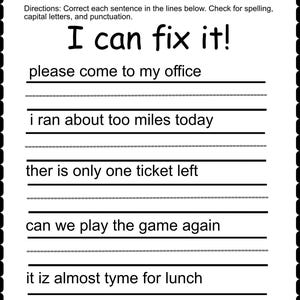 50 Printable-1st Through 3rd Grade-fix a Sentence Examples-spelling ...