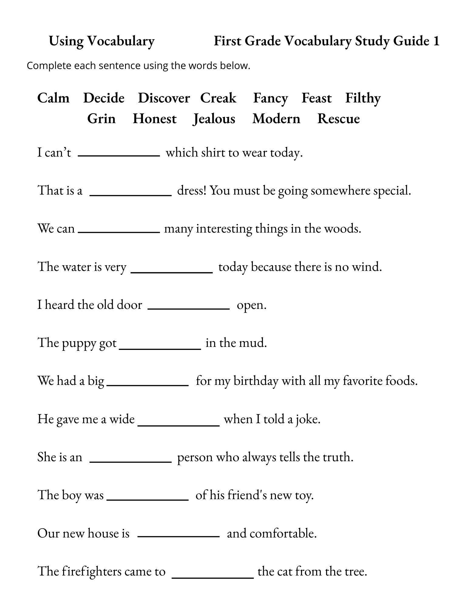 First Grade Vocabulary Worksheets With Definitions-sentence Writing ...