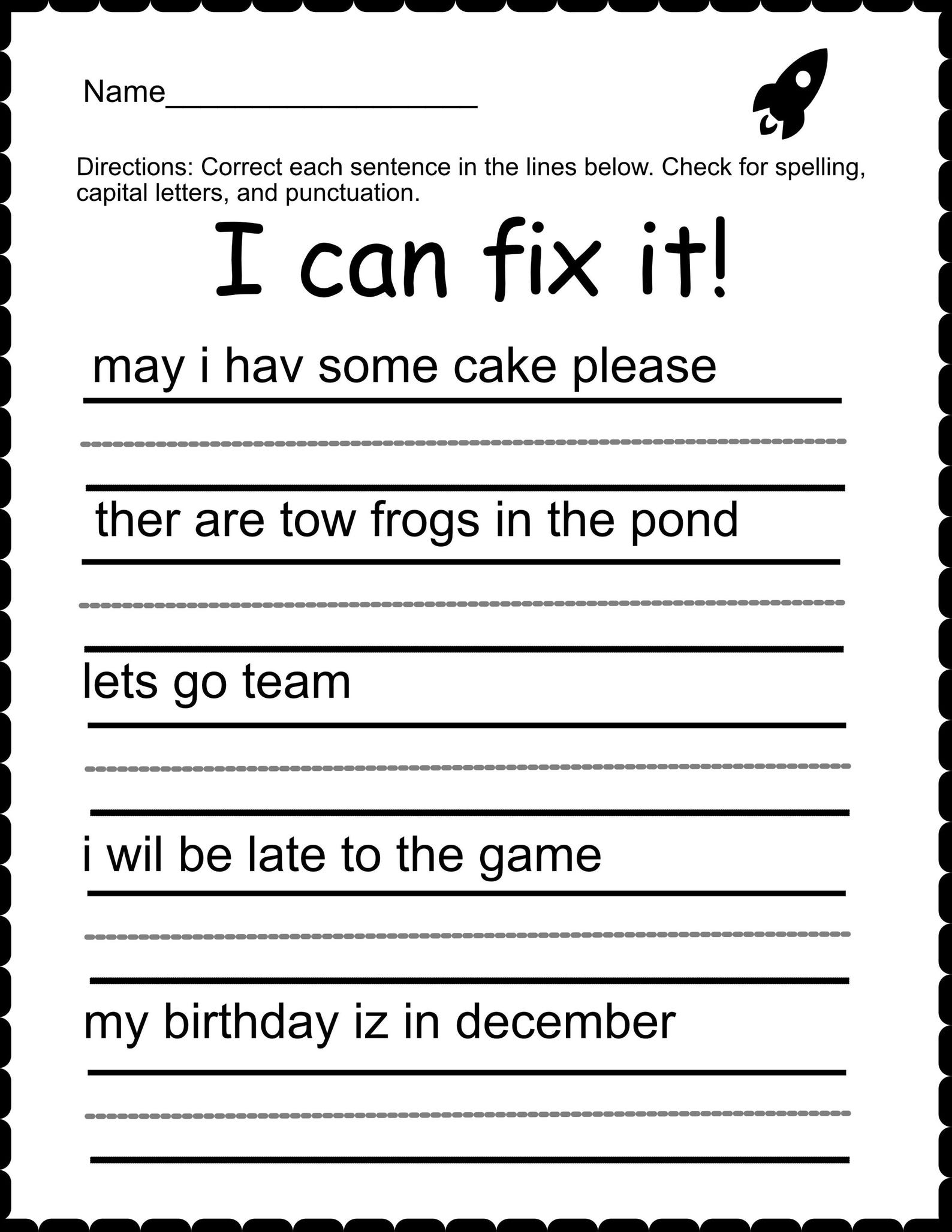50 Printable-1st Through 3rd Grade-fix a Sentence Examples-spelling ...