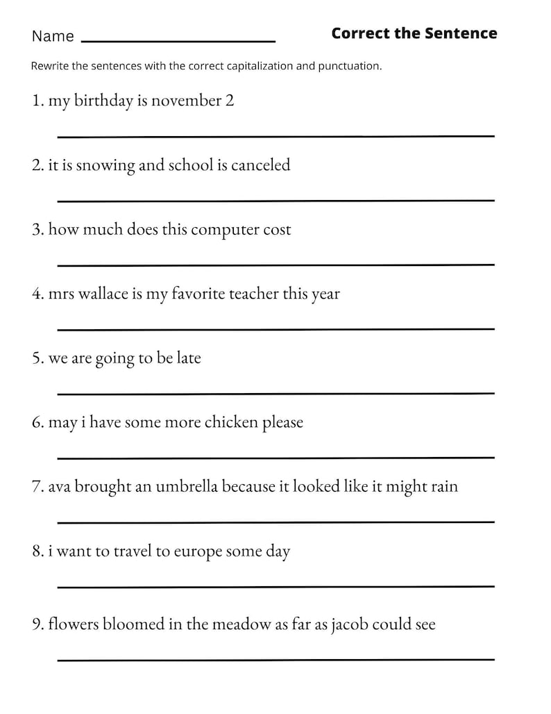 Punctuation - Capitalization - Correct the Sentence - Sentence Writing ...