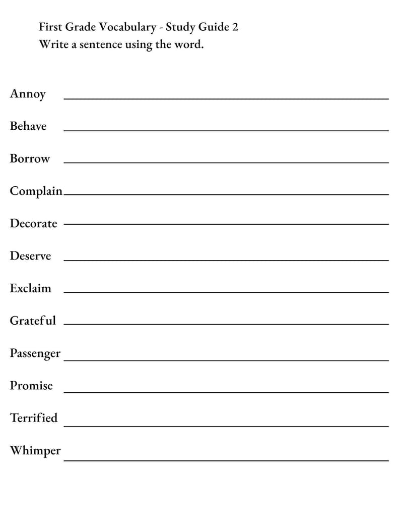 First Grade Vocabulary Worksheets With Definitions-sentence Writing ...