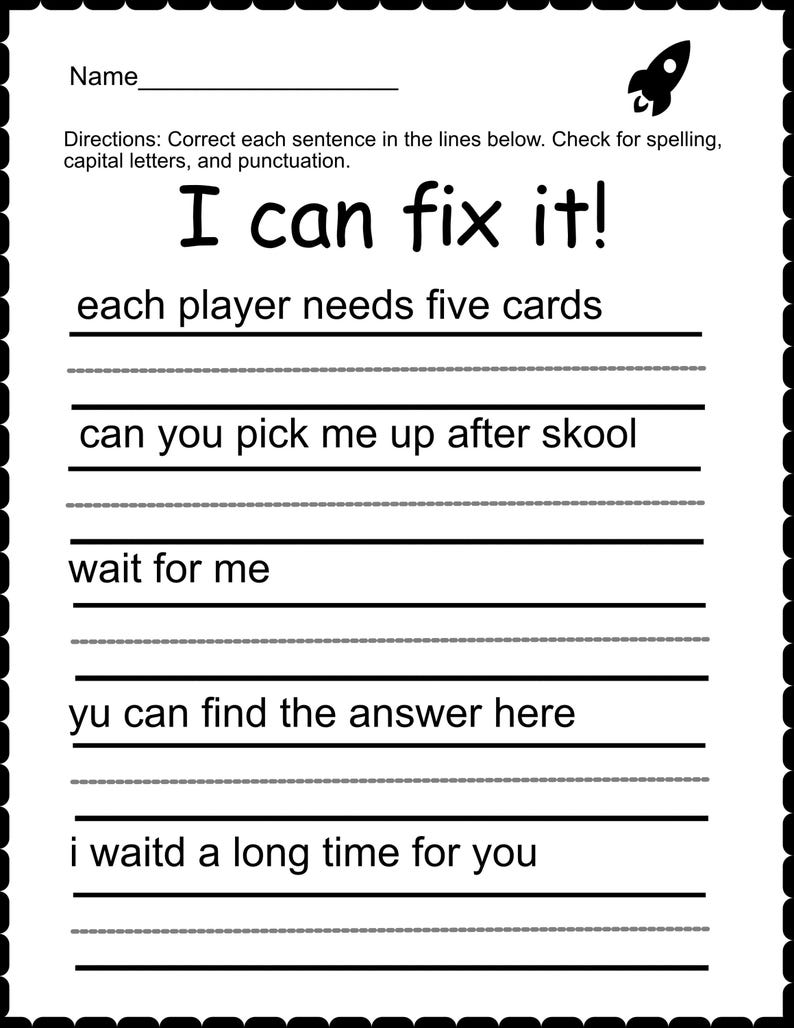 50 Printable-1st Through 3rd Grade-fix a Sentence Examples-spelling ...