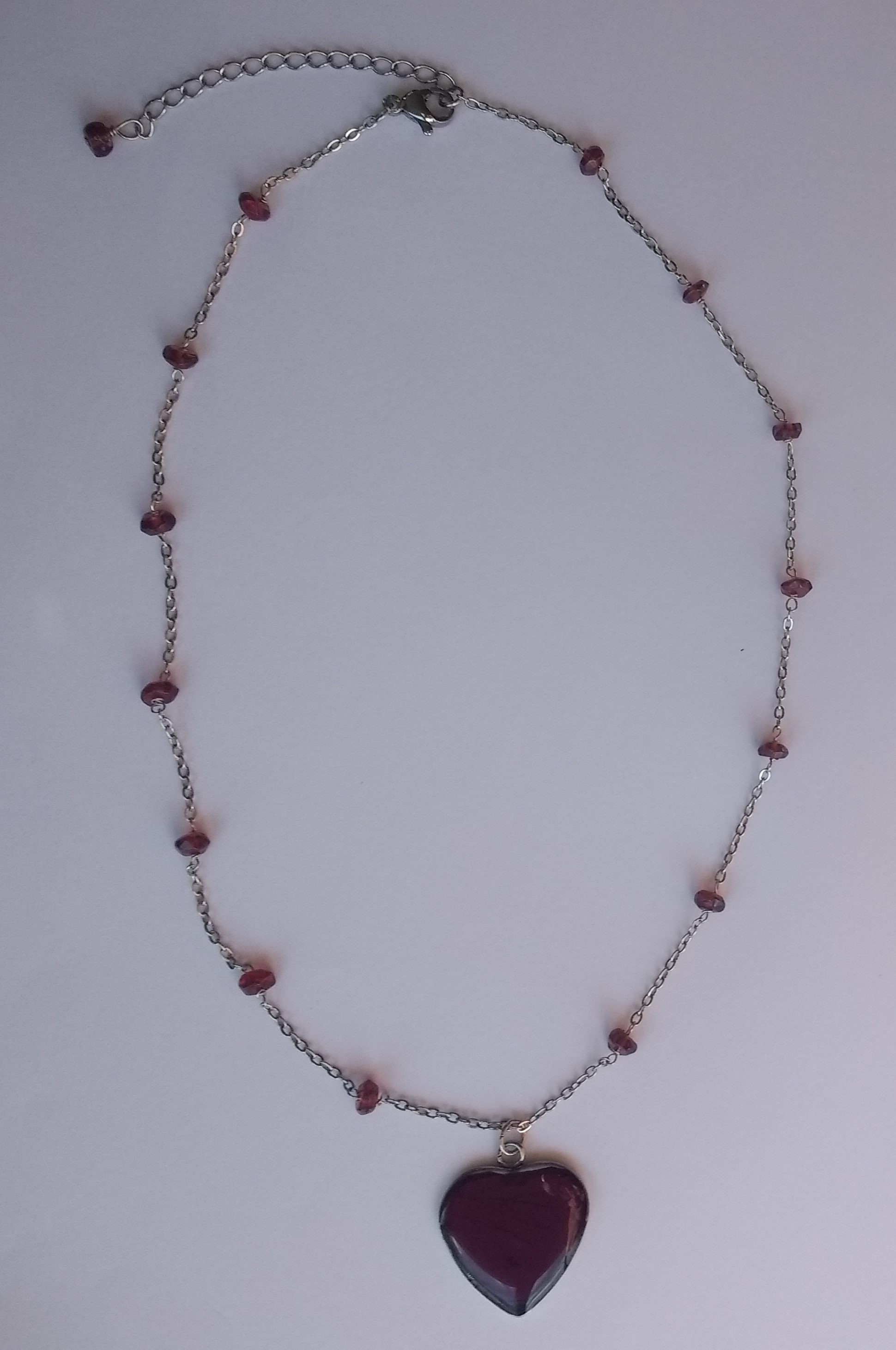 Red Rose Petal in Resin, Heart Shaped Pendant, Garnet Beaded Rolo Chain ...