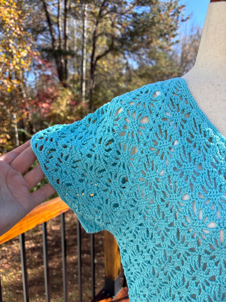 Beautiful Blue Blouse With Bugs Pattern, Crocheted, 100% Bamboo Yarn ...