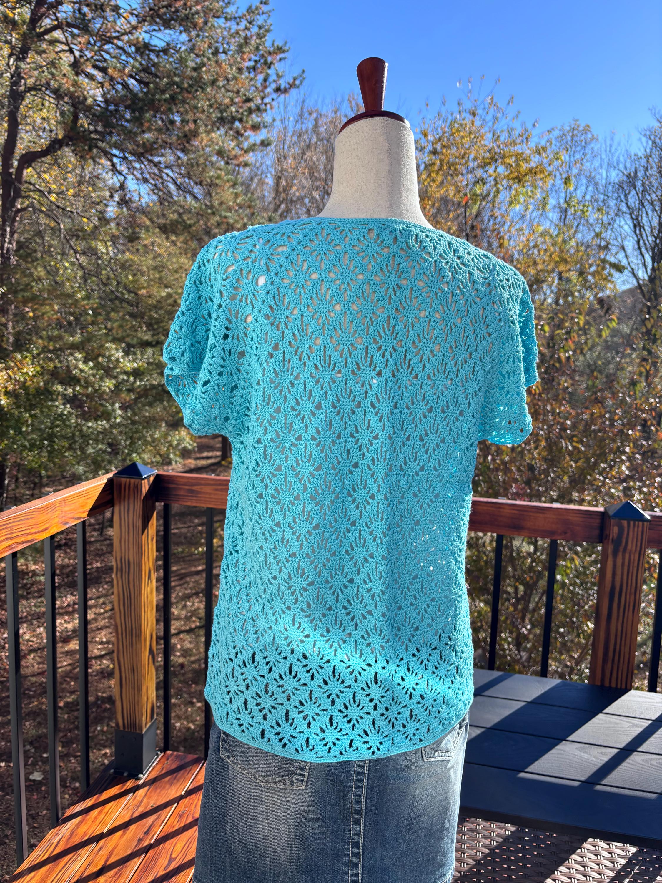 Beautiful Blue Blouse With Bugs Pattern, Crocheted, 100% Bamboo Yarn ...