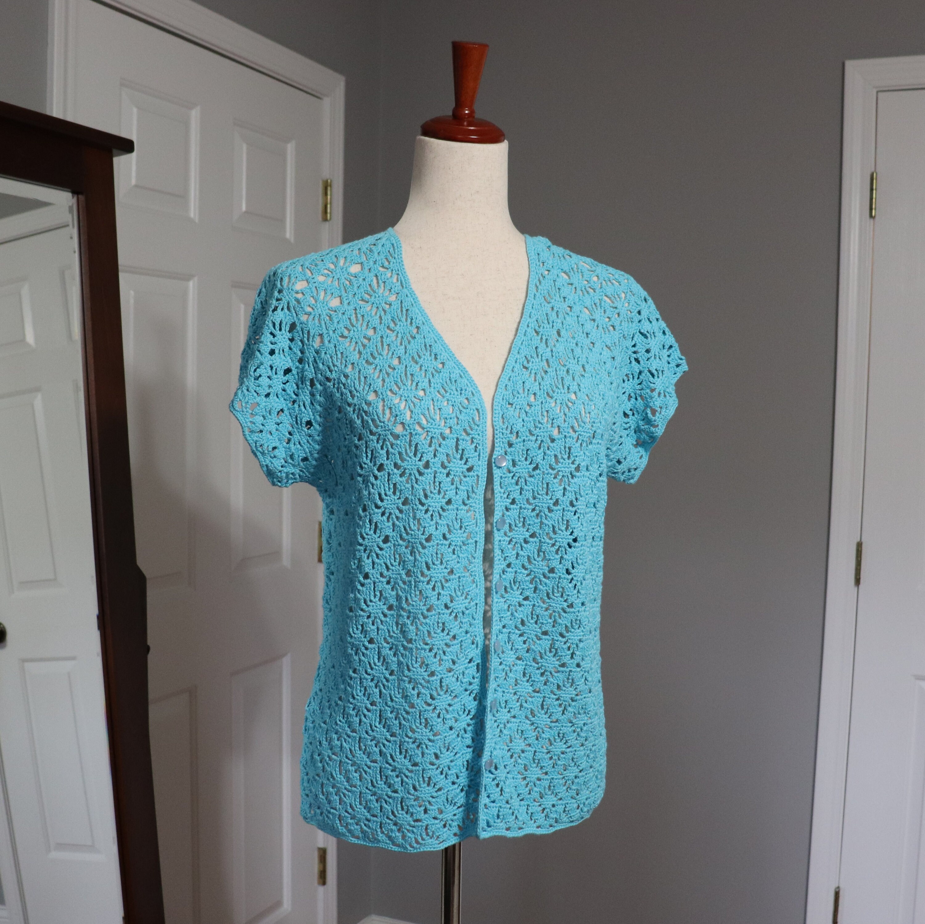 Beautiful Blue Blouse With Bugs Pattern, Crocheted, 100% Bamboo Yarn ...