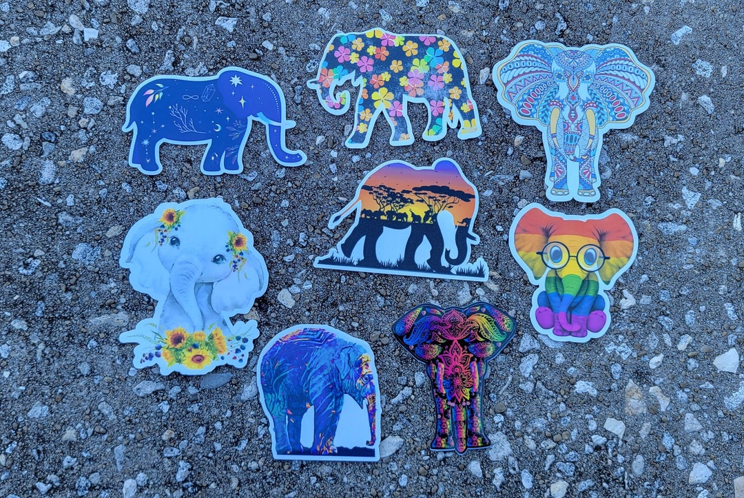Elephant Sticker Pack, Pack of 4 or 8 Waterproof Stickers, Vinyl Water ...