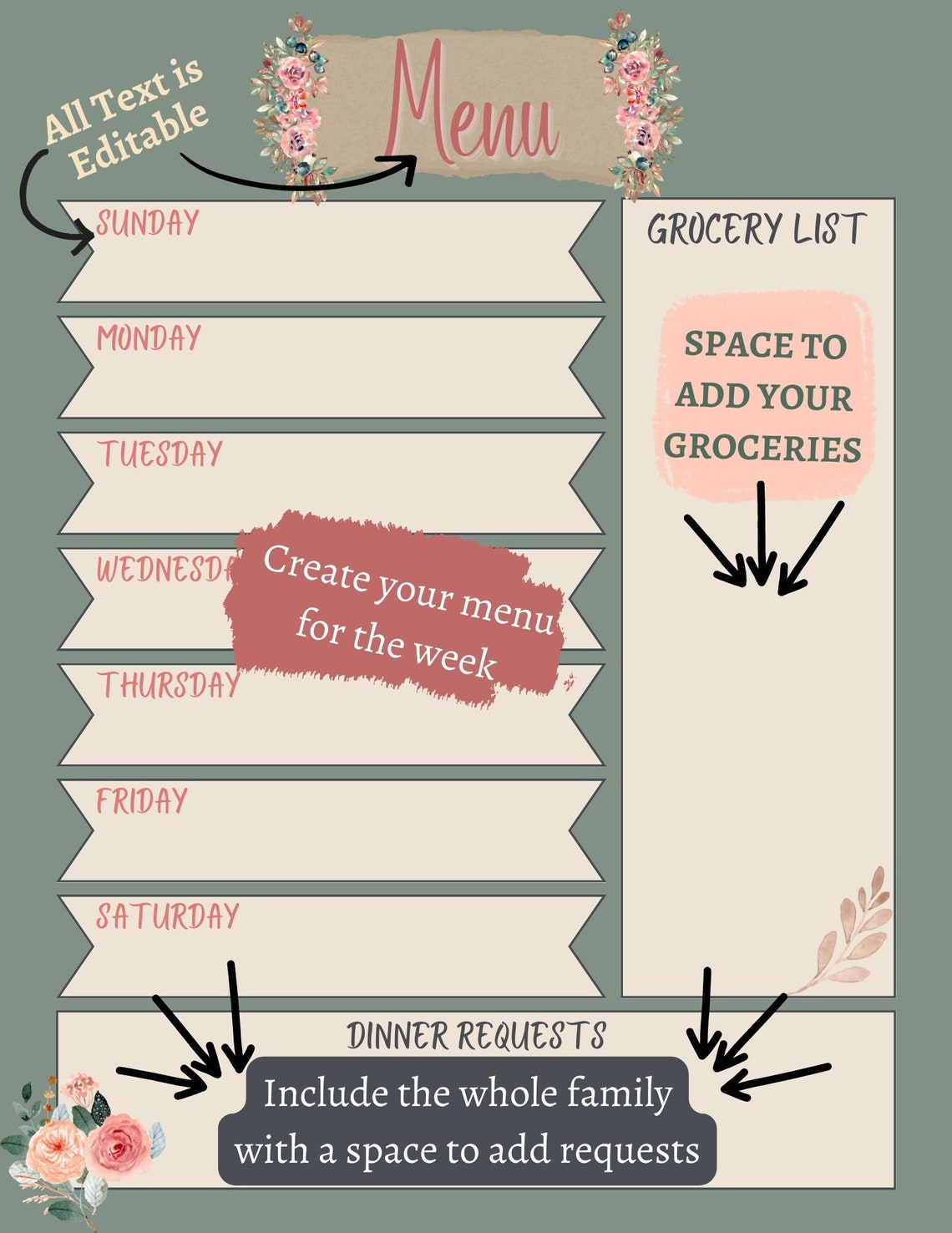 INSTANT DOWNLOAD Weekly Menu Template Printable PDF Meal Planning ...