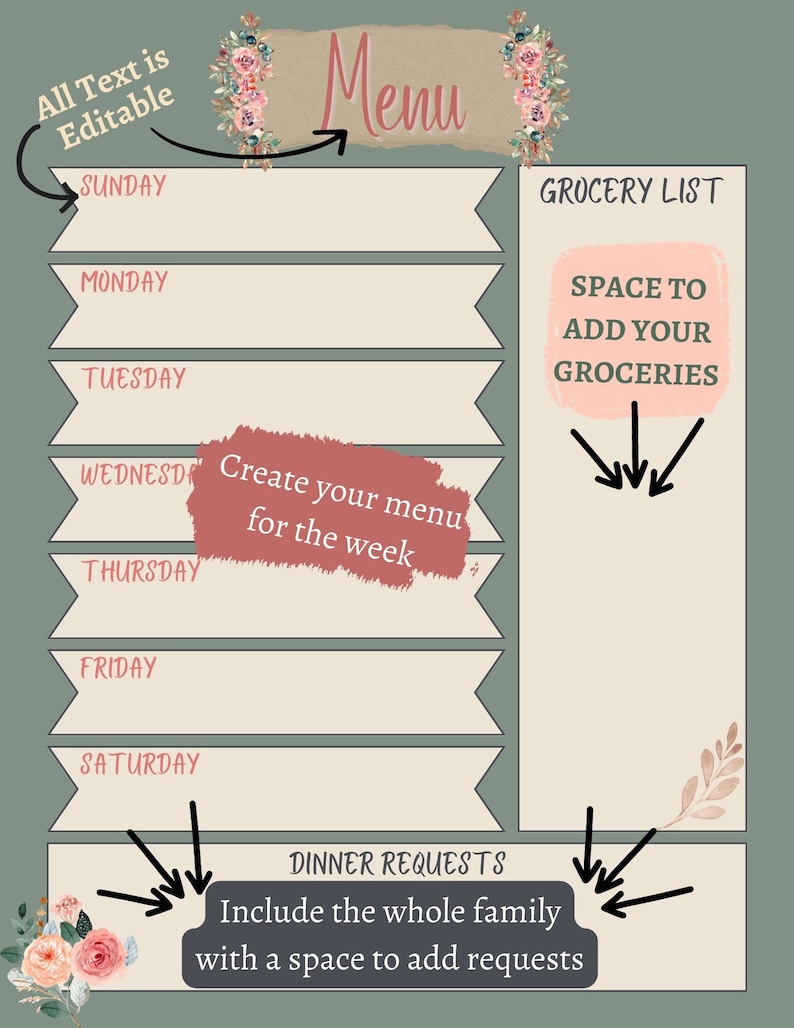 INSTANT DOWNLOAD Weekly Menu Template | Printable | PDF | Meal Planning ...