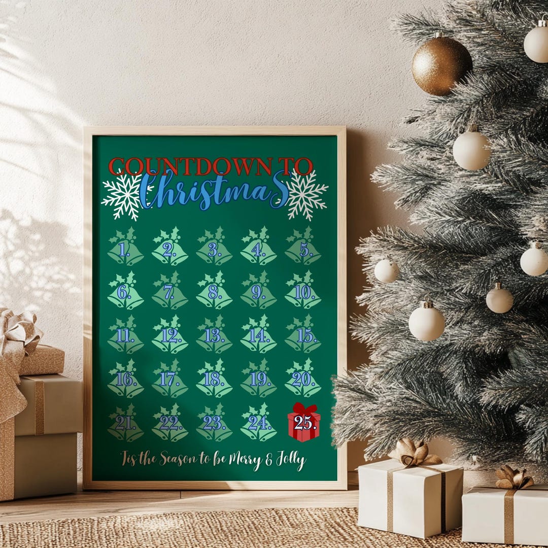 Christmas Countdown Poster Festive Green Blue Decor Holiday Wall Art ...