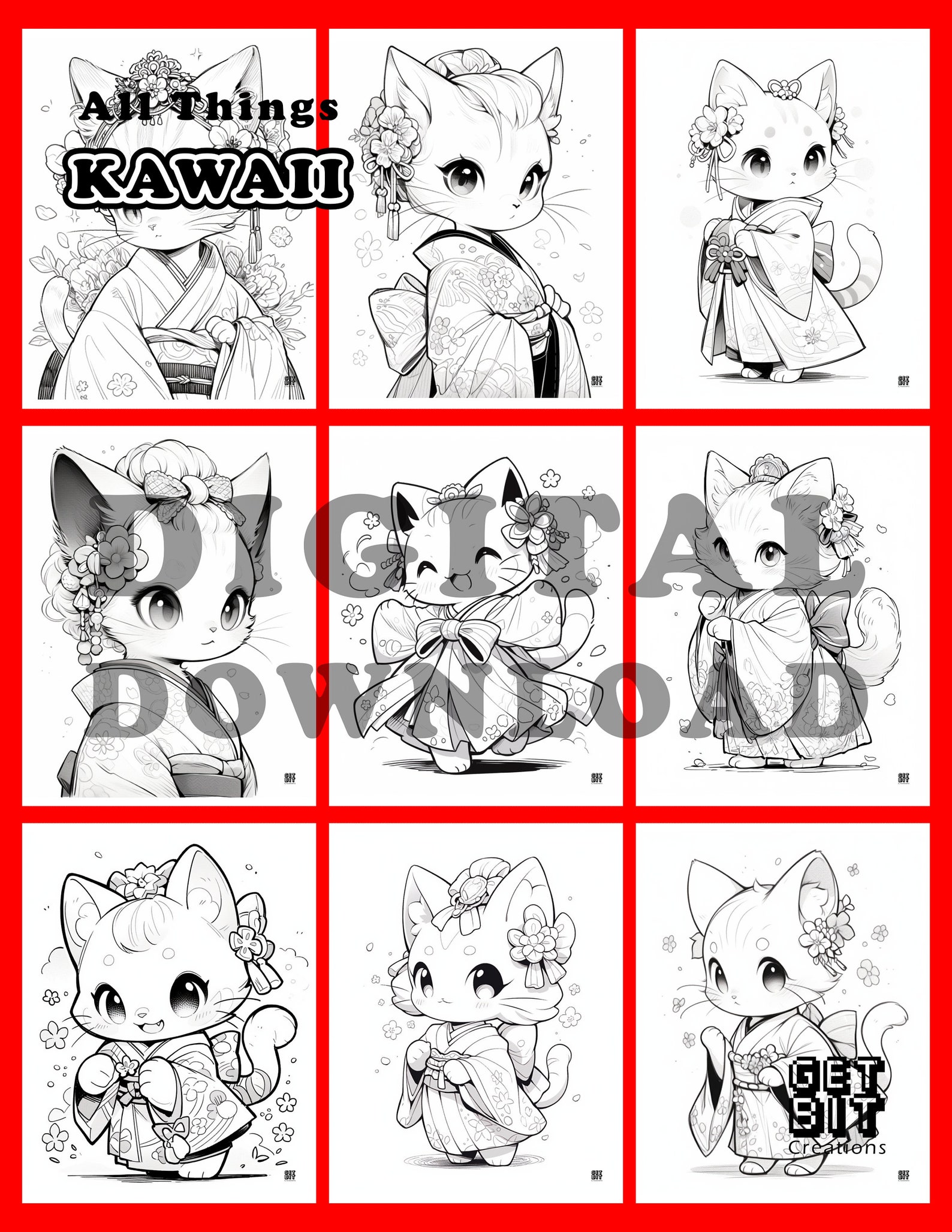 Miko Coloring Page Kawaii Drawings Coloring Anime Page Cat Art Book for ...
