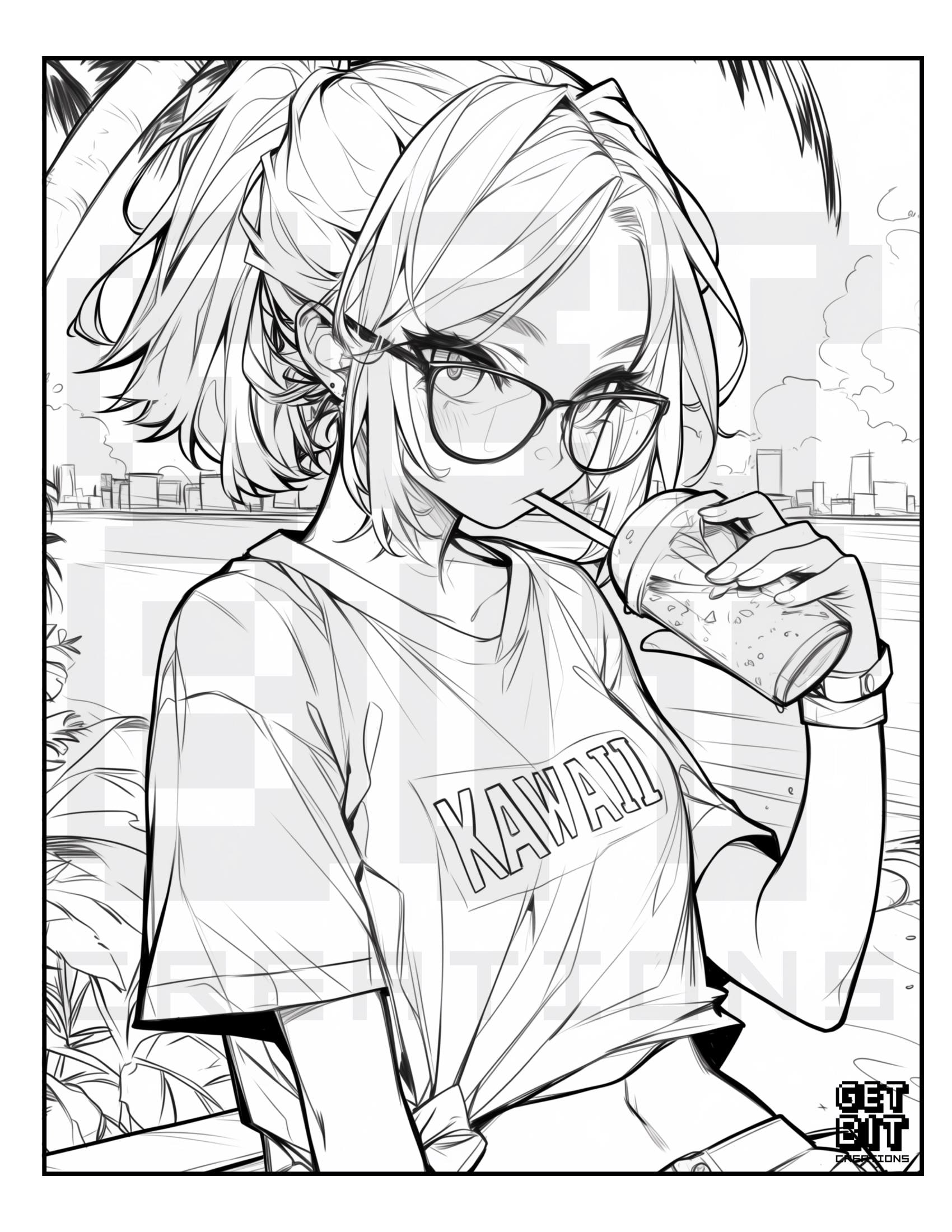 Summer Girl Beach Anime Coloring Book Cute Beach Scenes Manga Art ...