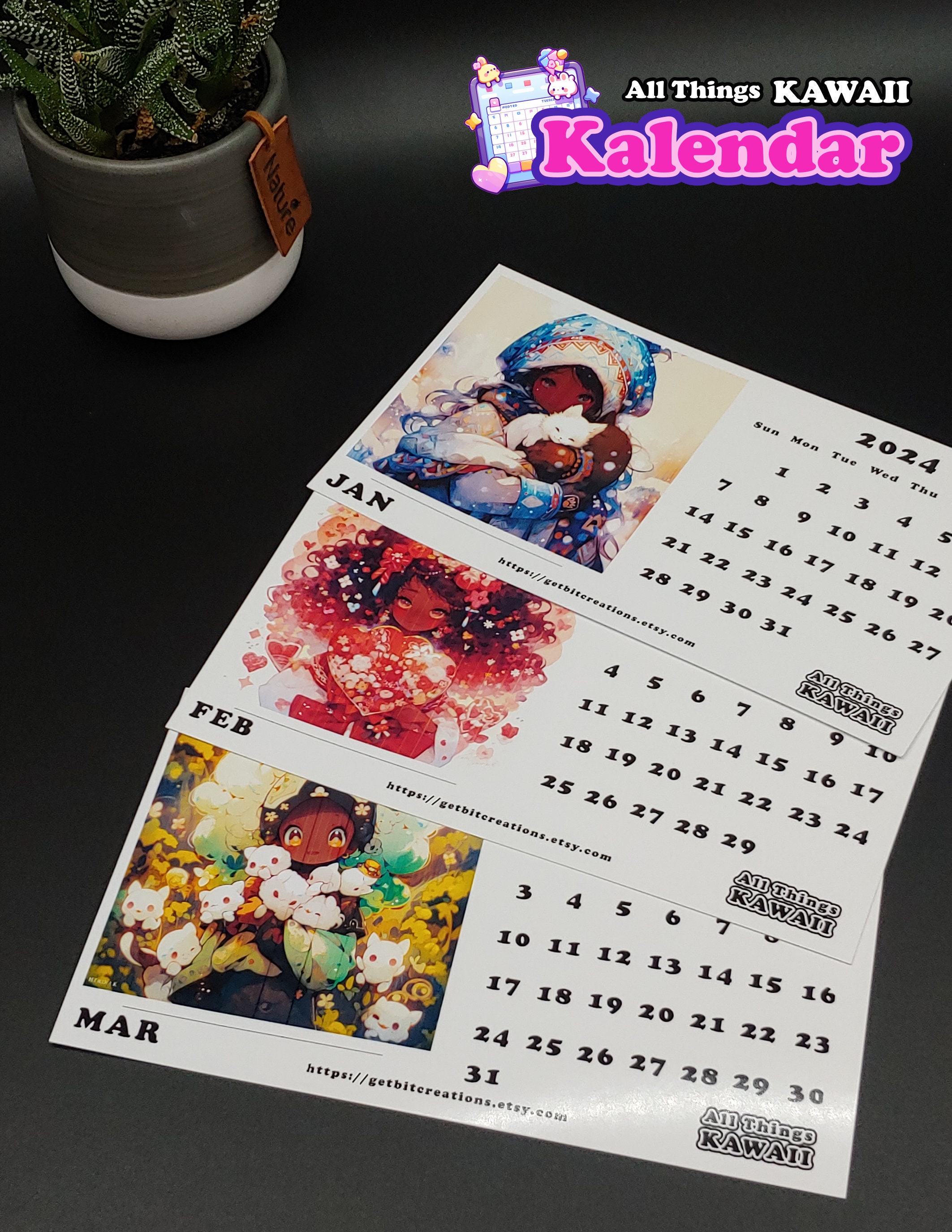 2024 Calendar Kawaii Cute Free Standing Desk Calendar Anime Style ...