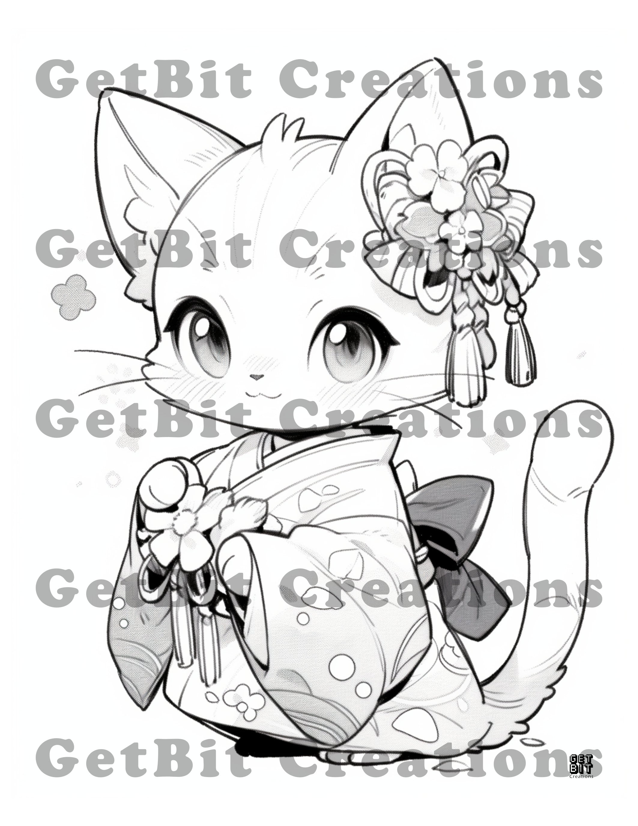 Miko Coloring Page Kawaii Drawings Coloring Anime Page Cat Art Book for ...