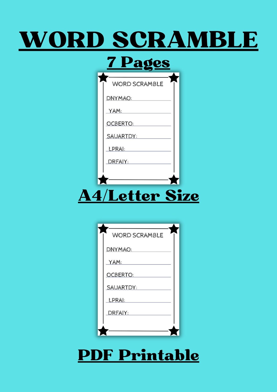 Word Scramble Worksheets 7 Printable Pages For Unscrambling Etsy