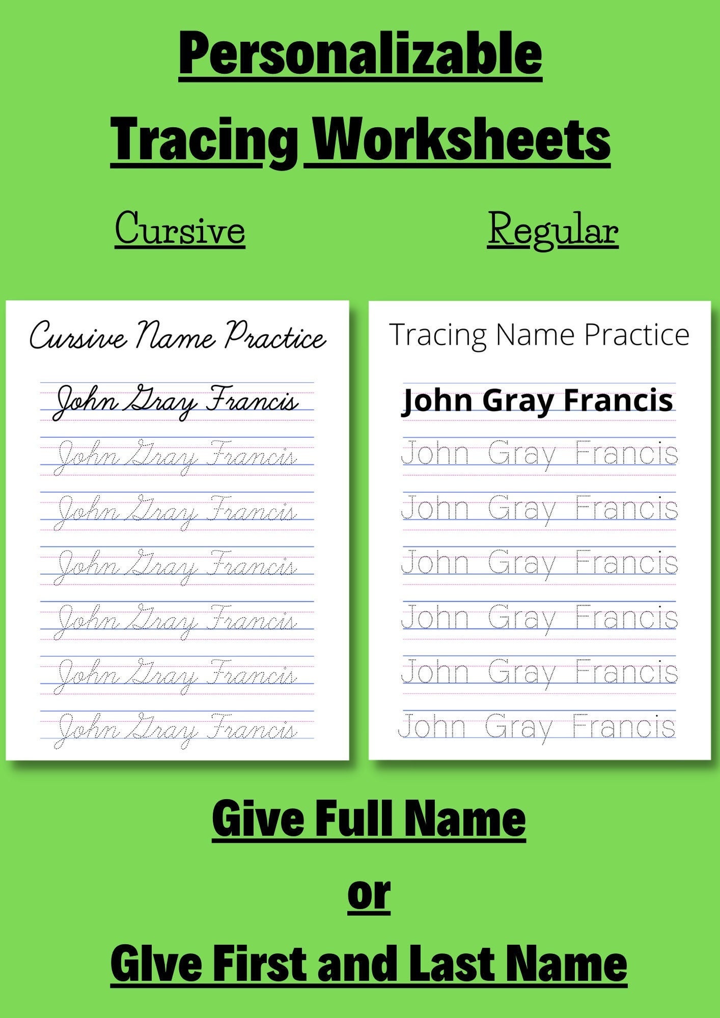 Personalizable Cursive/regular Name Tracing Worksheets, 2 Printable ...