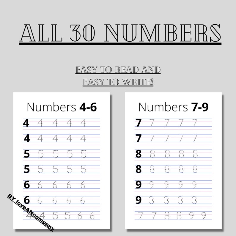 Number Tracing Worksheets 10 Printable Pages to Trace 30 | Etsy