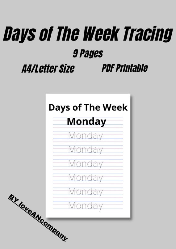 Days of the Week Tracing Worksheets 9 Printable Pages to - Etsy