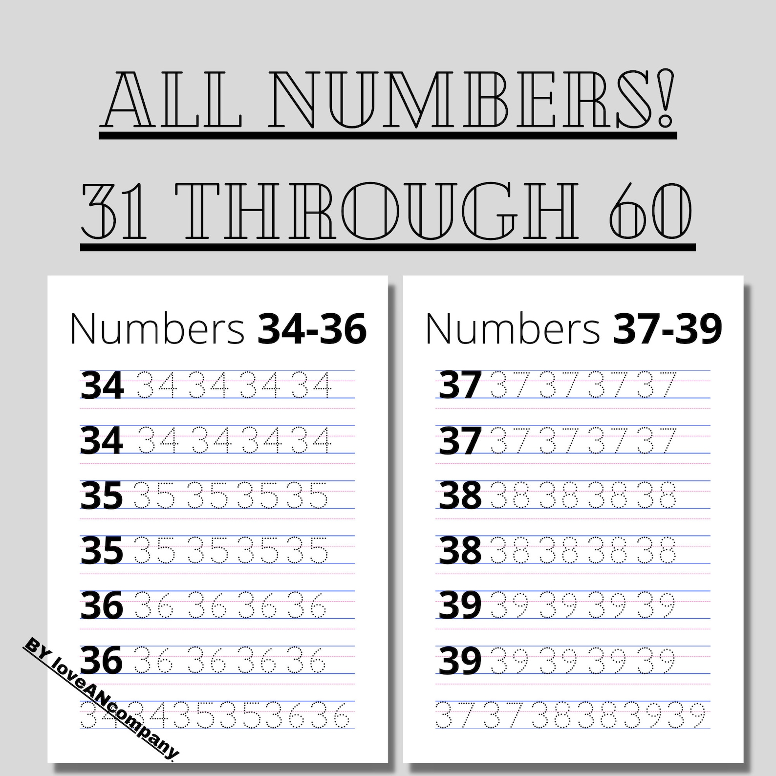 Number Tracing Worksheets 31-60, 10 Printable Pages to Trace up to 60 ...