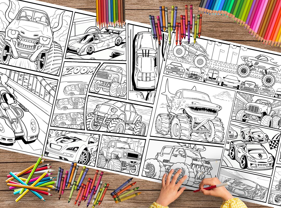 Race Cars and Monster Trucks! Coloring Banner- 24x72 Inches, Birthday ...