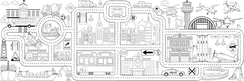 Big City Road Map Coloring Banner - Table Runner, Planes Trains ...