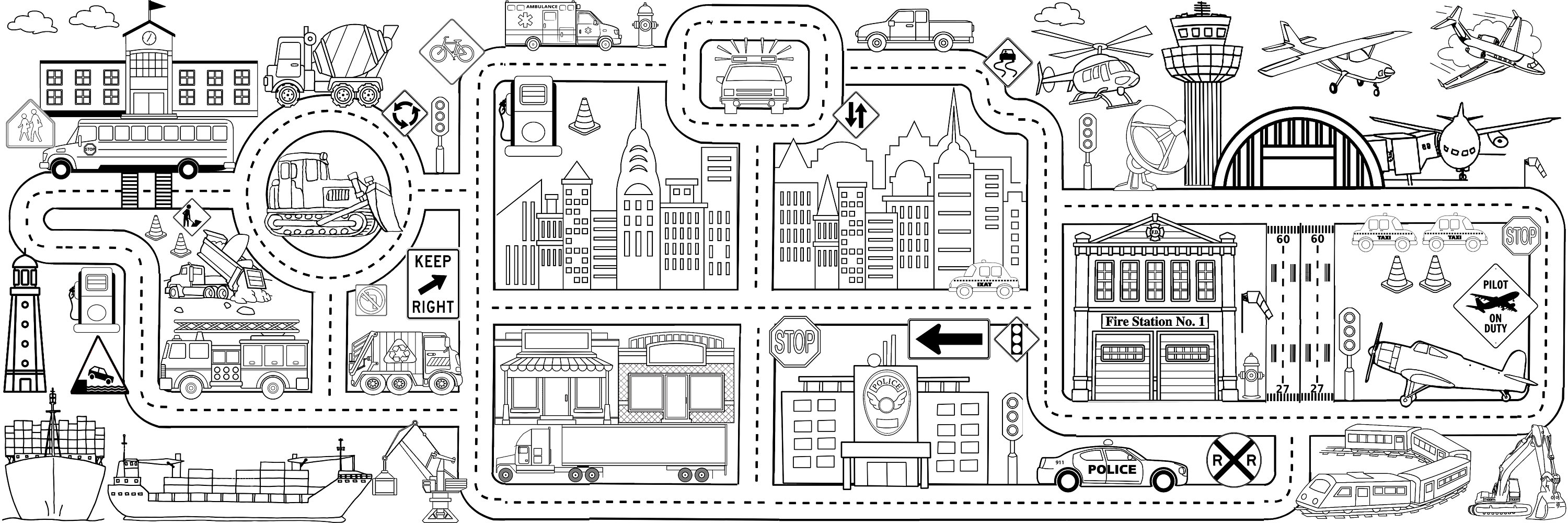 Big City Road Map Coloring Banner - Table Runner, Planes Trains ...