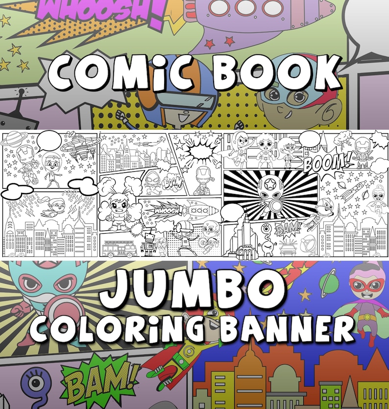 Comic Book Jumbo Coloring Page - Super Hero Birthday Activity, Party ...
