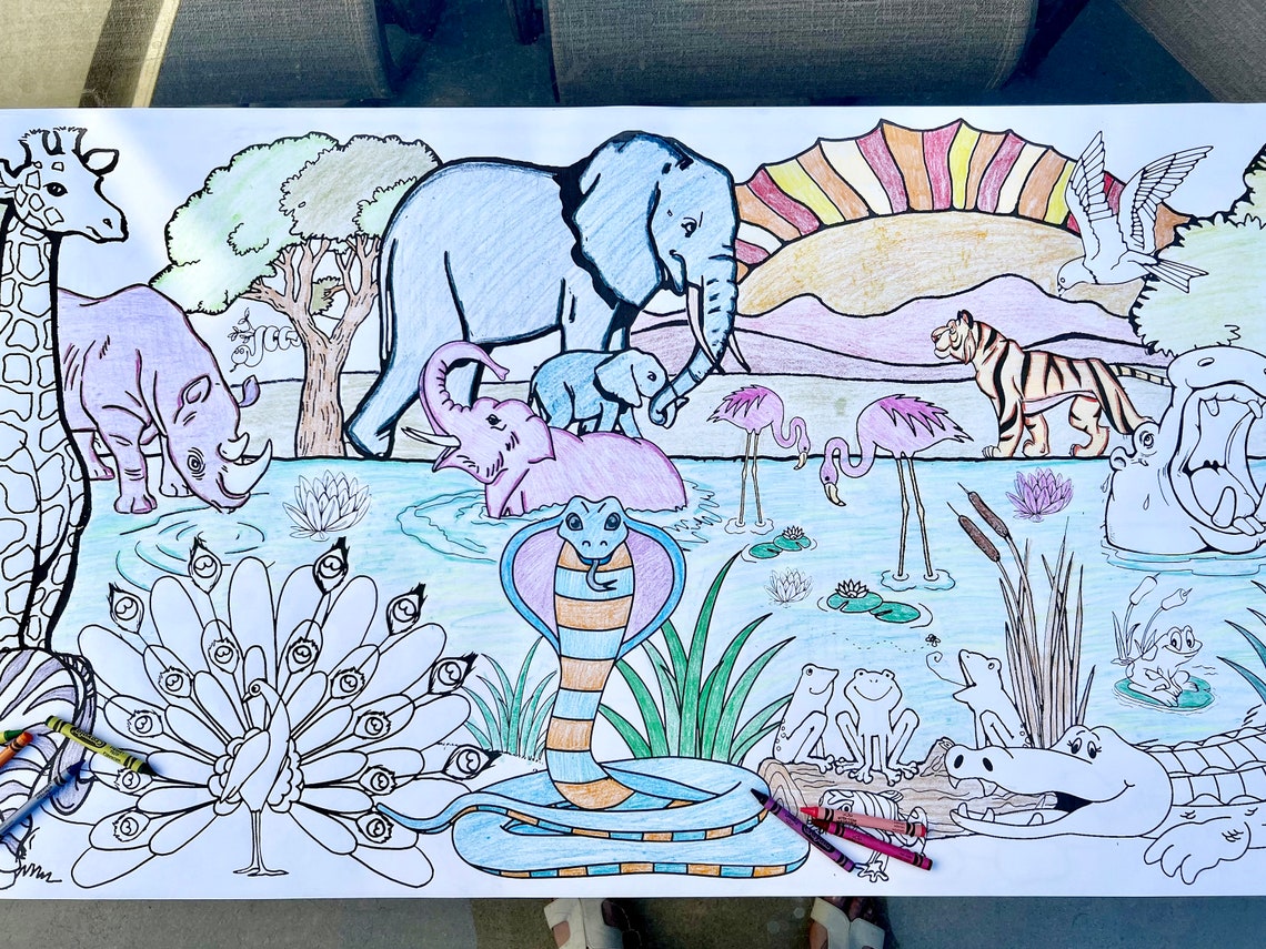Wild Animals Coloring Activity Banner Animal Theme Jumbo | Etsy