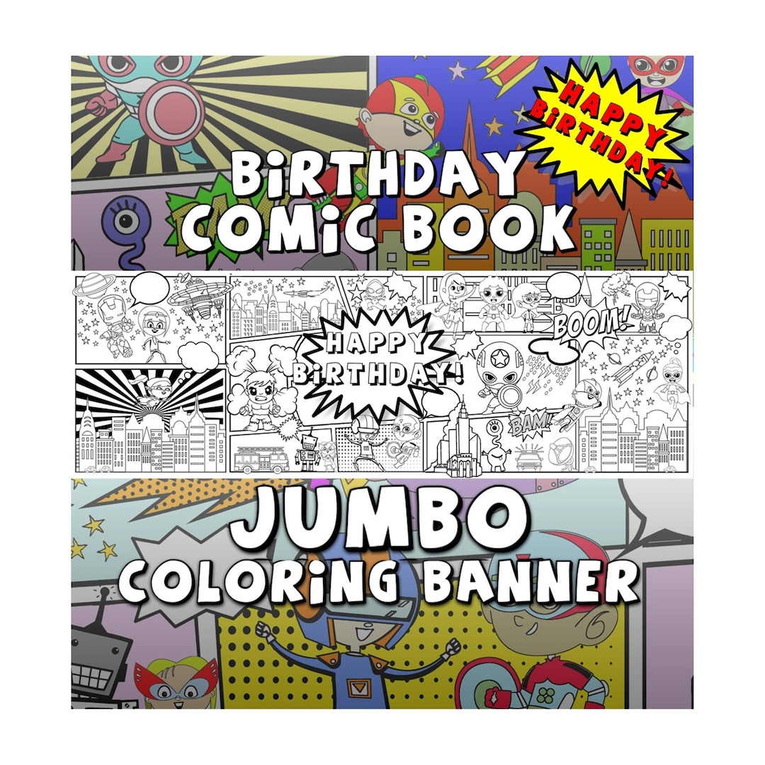 Happy Birthday Comic Book Jumbo Coloring Banner - Superheroes Birthday ...