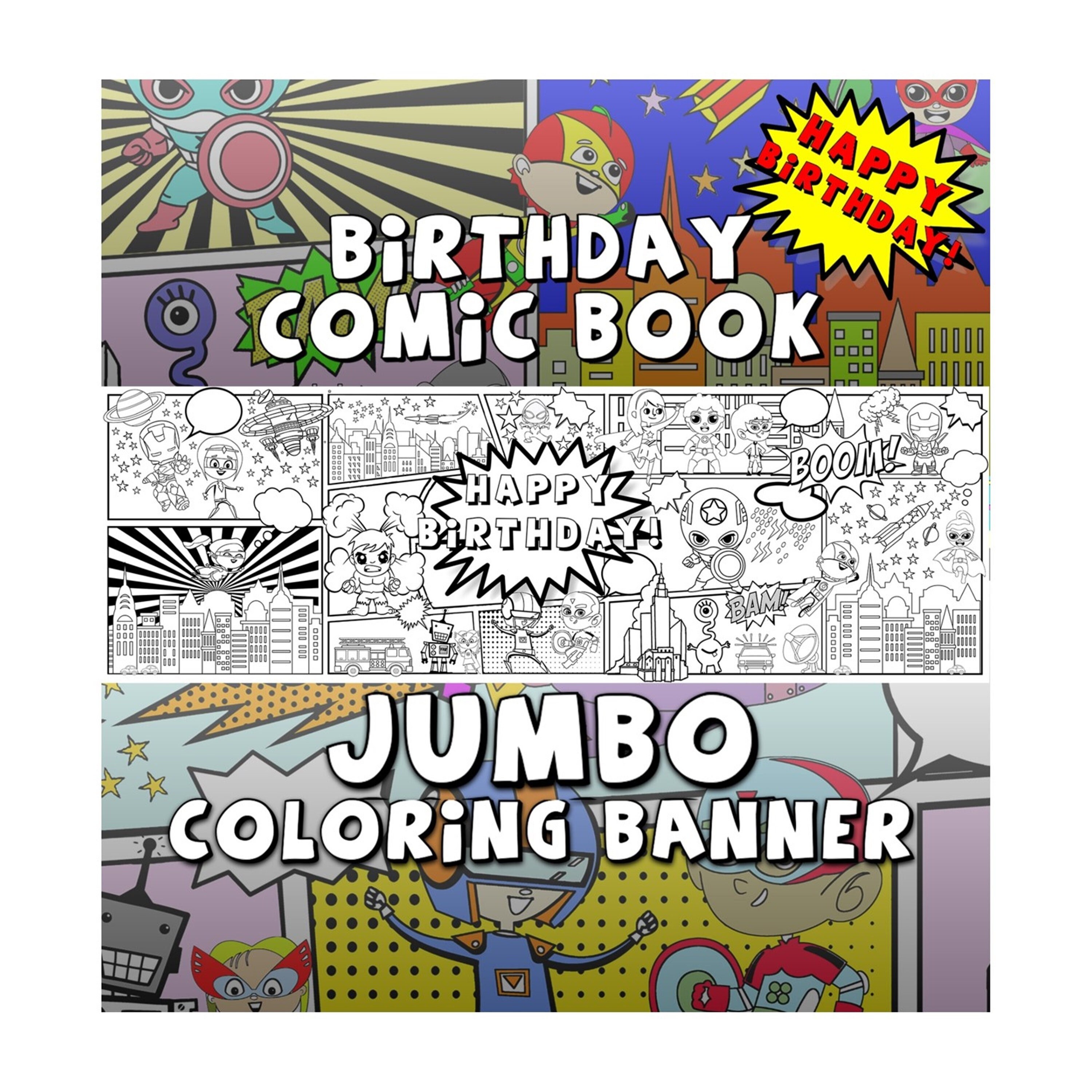 Happy Birthday Comic Book Jumbo Coloring Banner - Superheroes Birthday ...