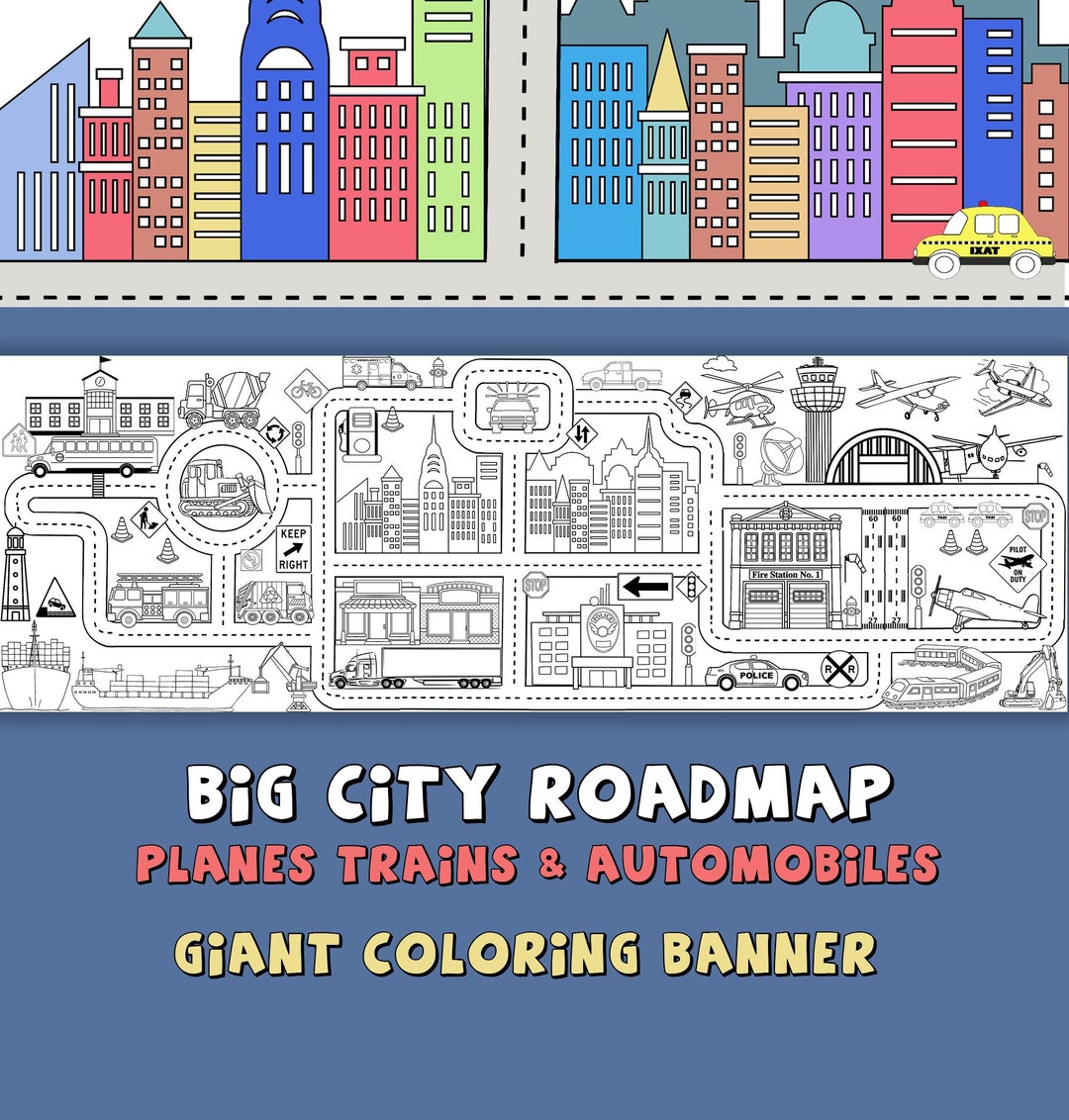 Big City Road Map Coloring Banner - Table Runner, Planes Trains ...