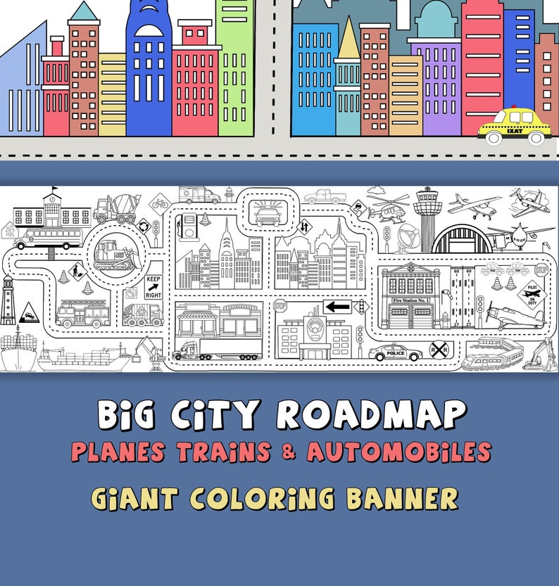 City Road Map Coloring Banner - Planes Trains & Automobiles, Birthday ...