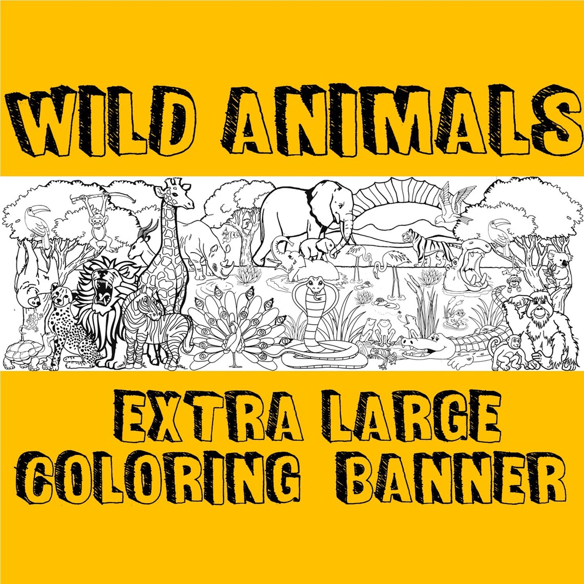 Wild Animals Coloring Activity Banner Animal Theme Jumbo | Etsy