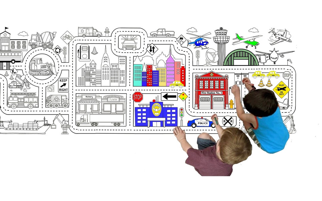 City Road Map Coloring Banner - Planes Trains & Automobiles, Birthday ...