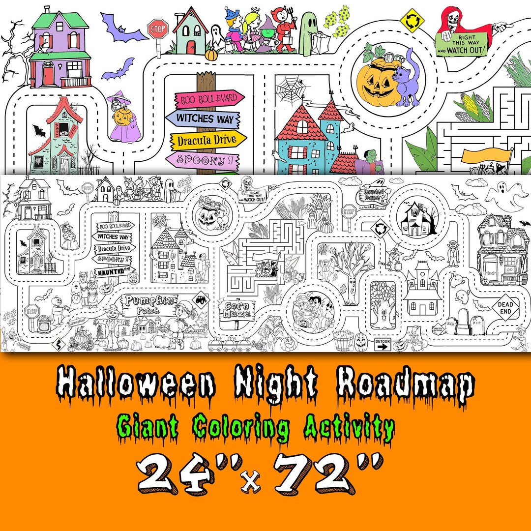 Halloween Night Map Coloring Banner- 24x72 Inches, Halloween Party, Spooky Table Cloth, Table ...