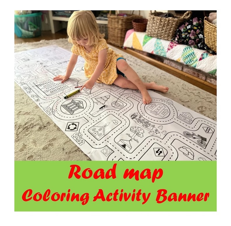 Road Map Coloring Banner - Race Car Table Runner, Neighborhood Theme ...