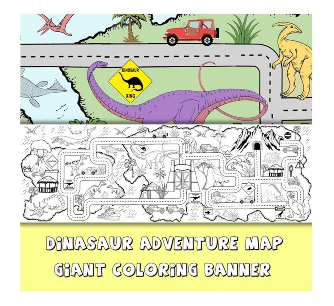 Dinosaur Adventure Map- Giant Coloring Banner, Table Runner, Birthday ...