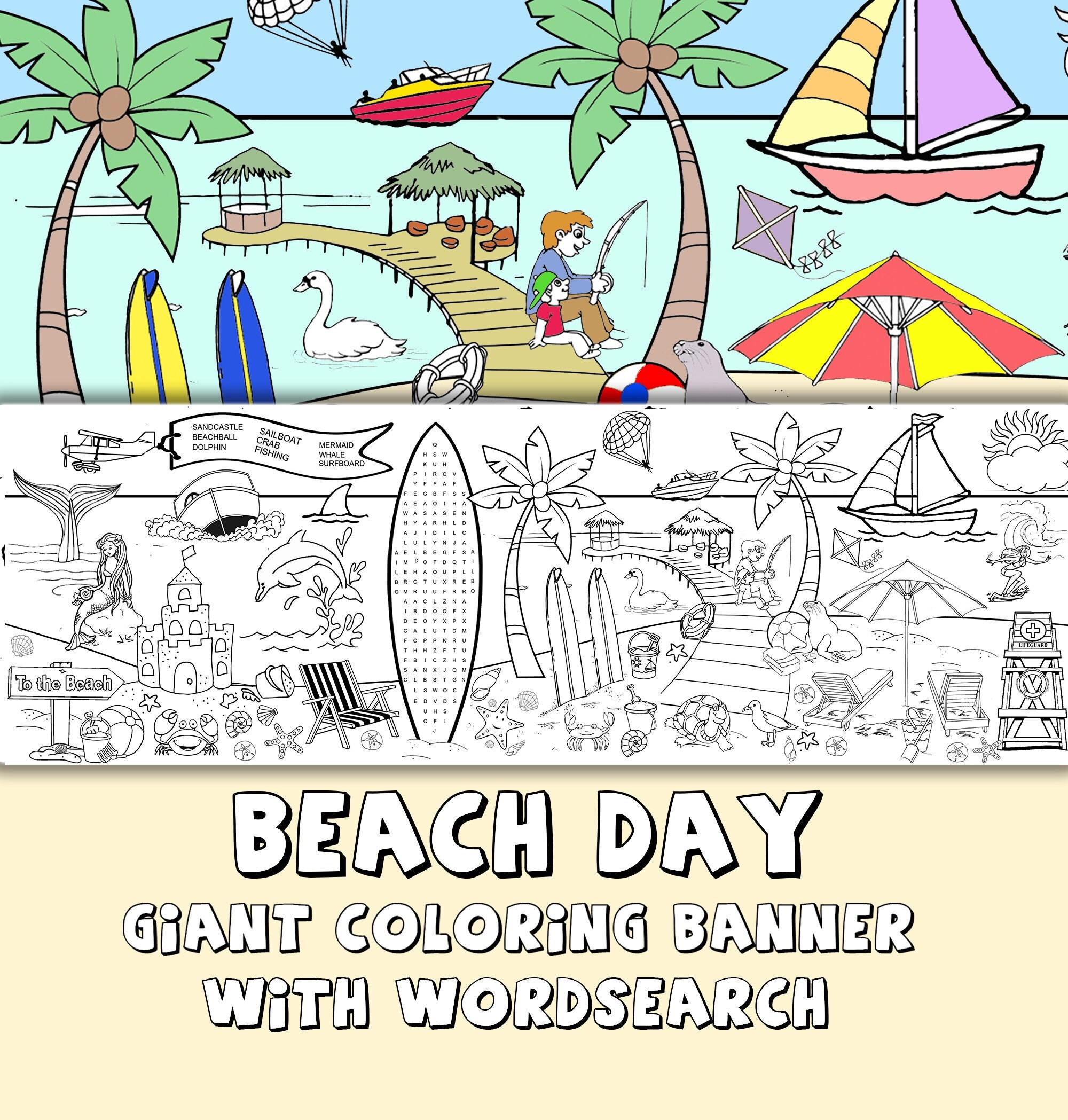 Beach Day- Jumbo Coloring Banner, 24x72 Inches, Word Search, Summer ...