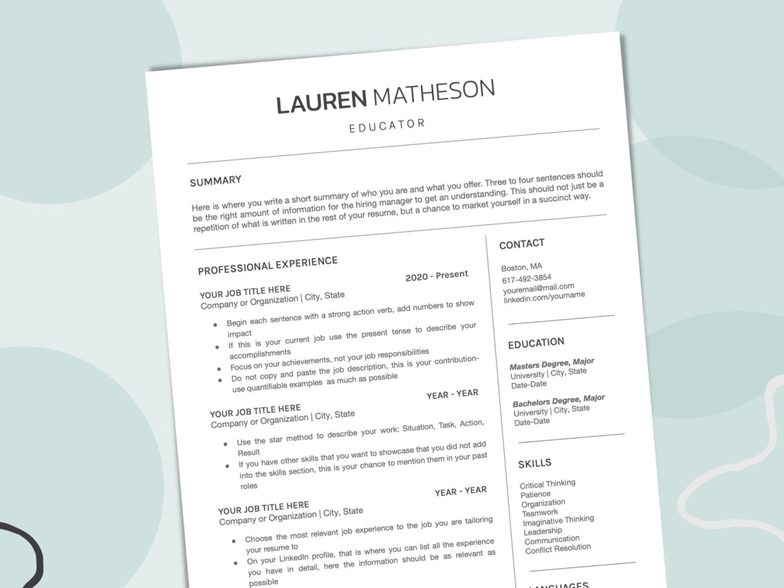 Teacher Resume Google Docs Resume Template 1 Page Instant Download ...
