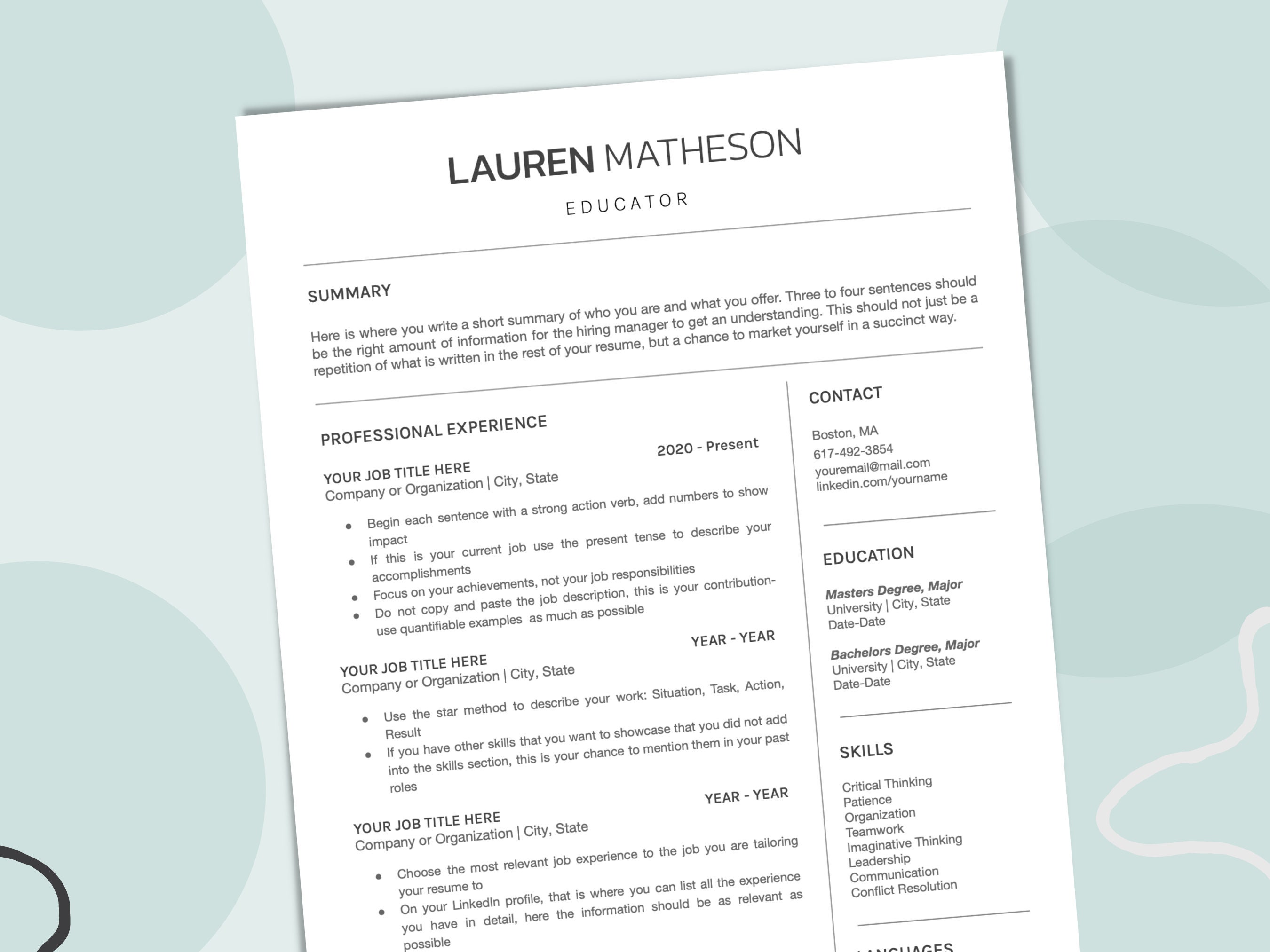 Teacher Resume Google Docs Resume Template 1 Page Instant Download ...