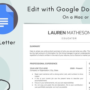 Teacher Resume Google Docs Resume Template 1 Page Instant Download ...