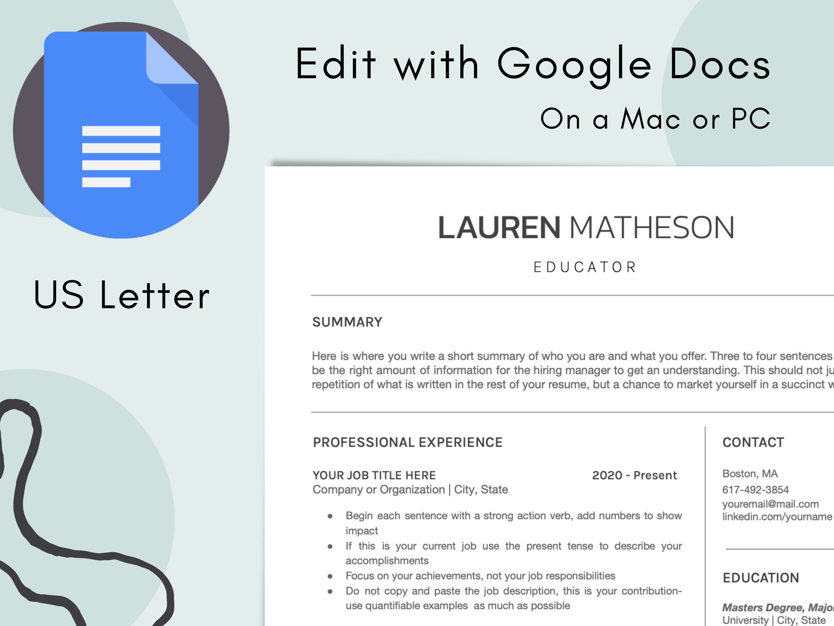 Teacher Resume Google Docs Resume Template 1 Page Instant Download ...
