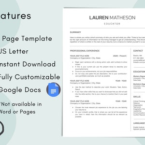 Teacher Resume Google Docs Resume Template 1 Page Instant Download ...