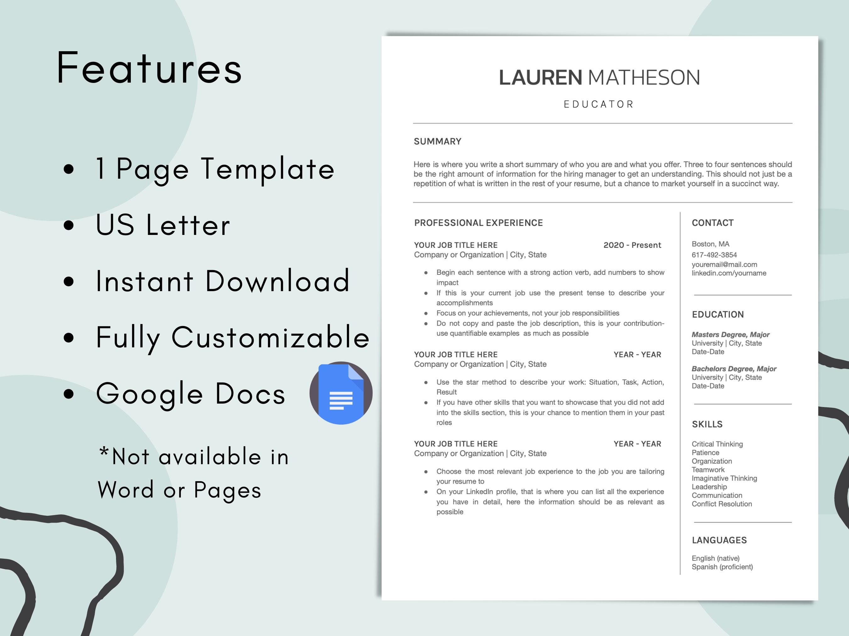 Teacher Resume Google Docs Resume Template 1 Page Instant Download ...
