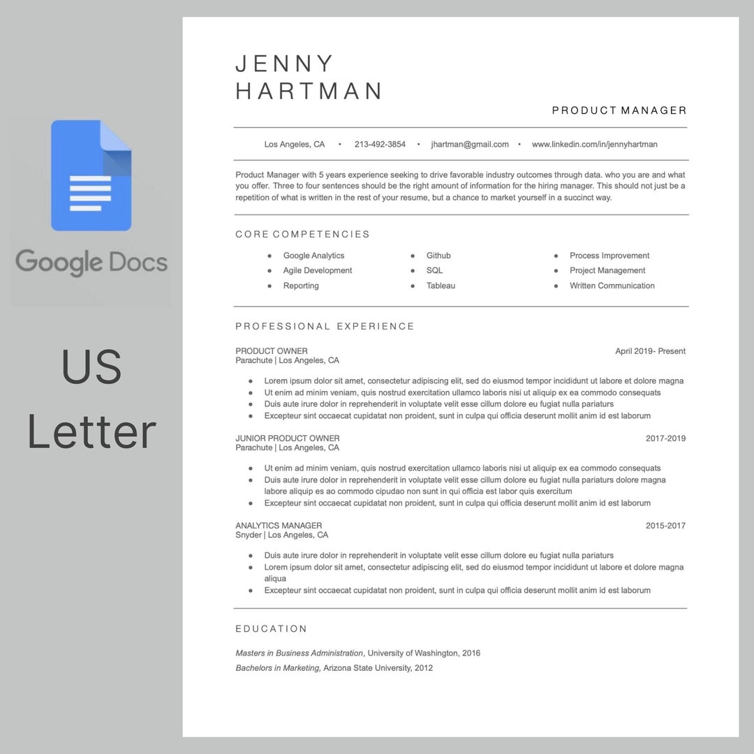 Google Docs Resume Template Professional Resume Instant - Etsy