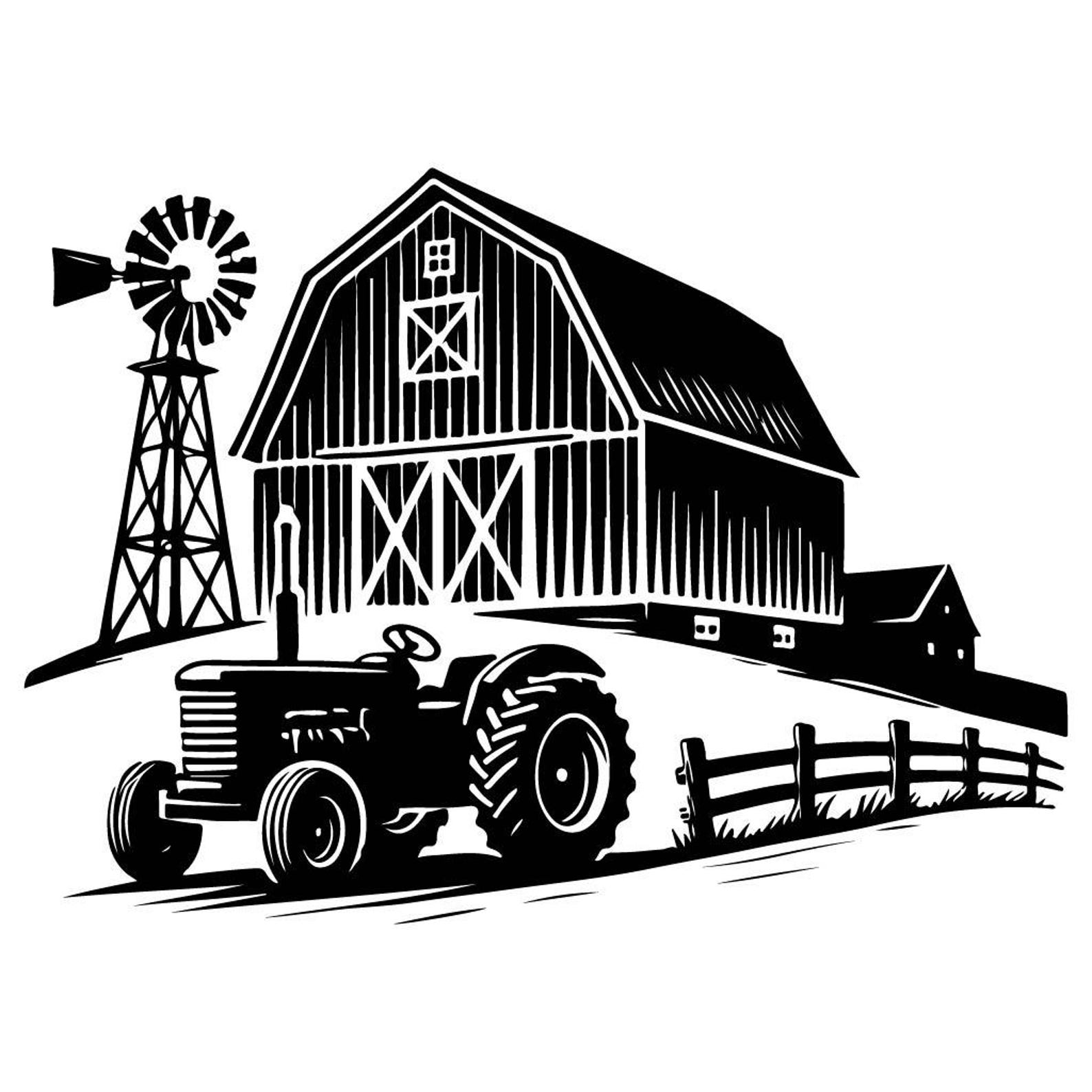 SVG Old Barn & Tractor Vector File for Laser Cutting | Black and White ...