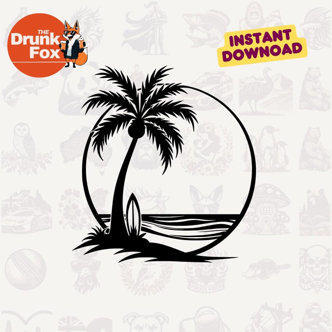 Palm Tree & Surfboard Circle SVG | Beach Adventure Tropical Clipart - Etsy