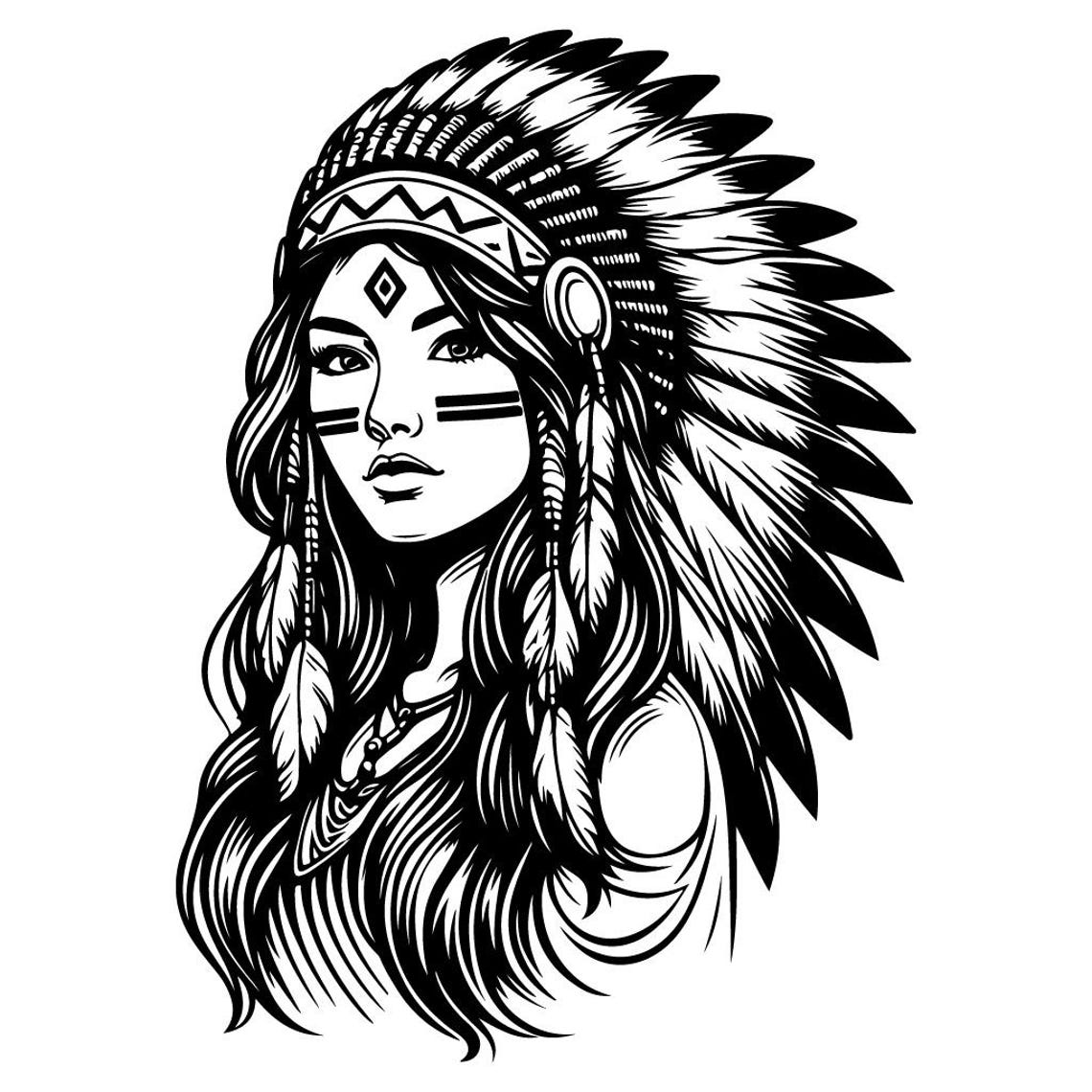 Native American Girl SVG | Black & White Vector File for Laser Cutting ...