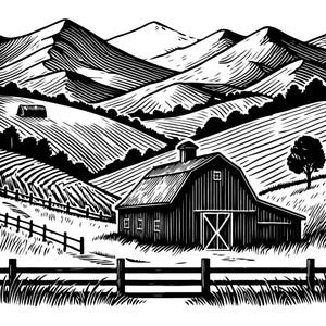 Rustic Barn and Rolling Hills SVG 2 | Black & White Vector File for Laser Cutting | Perfect ...