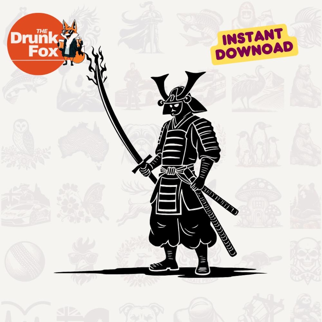 Samurai With Flaming Sword SVG - Fierce Japanese Warrior Weapon Design ...